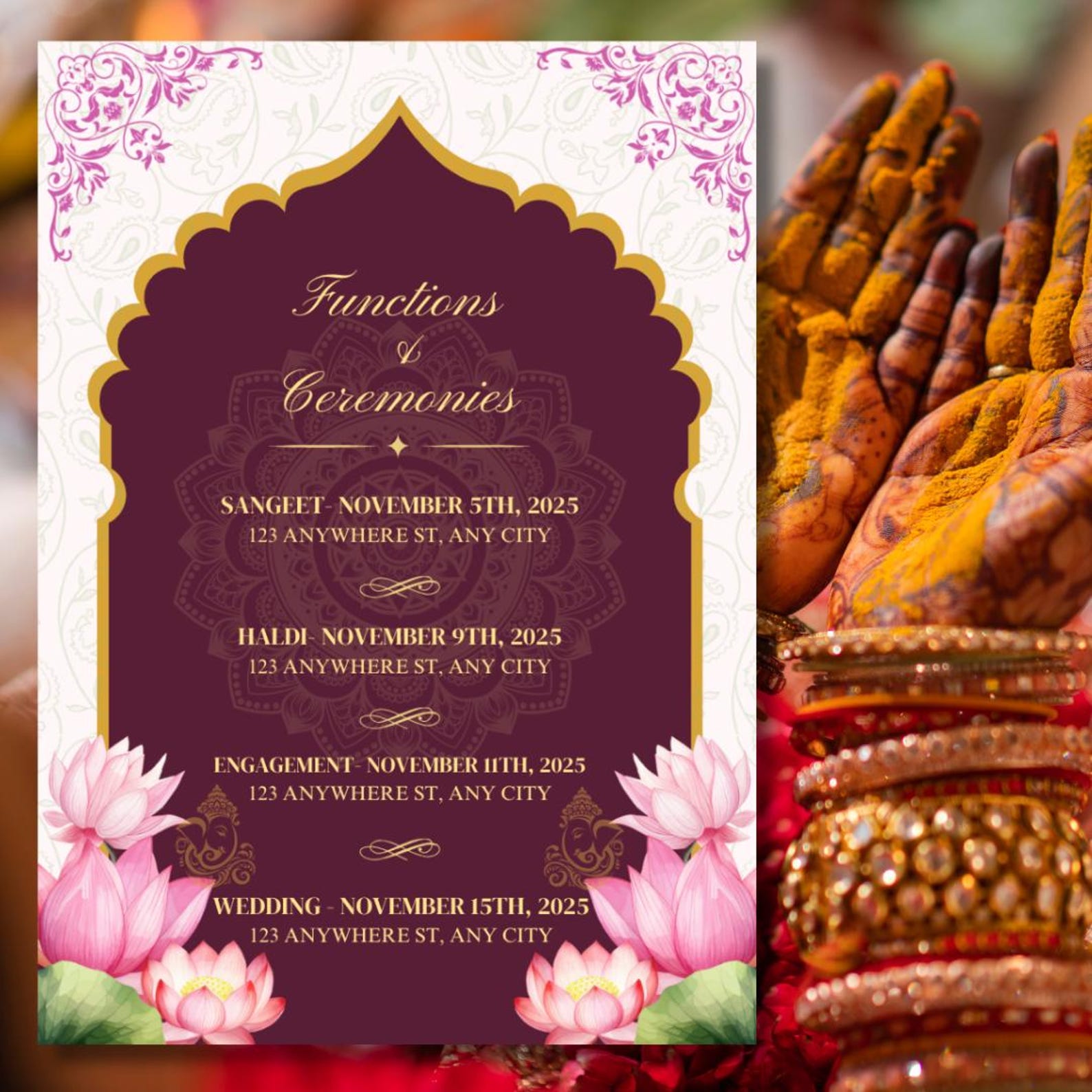 Indian Wedding Invitation & Ceremonies Editable | Lotus Floral Mandala ...