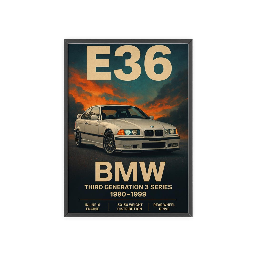 Vintage BMW E36 Poster With Wooden Frame, Auto Decor, Car Enthusiast ...