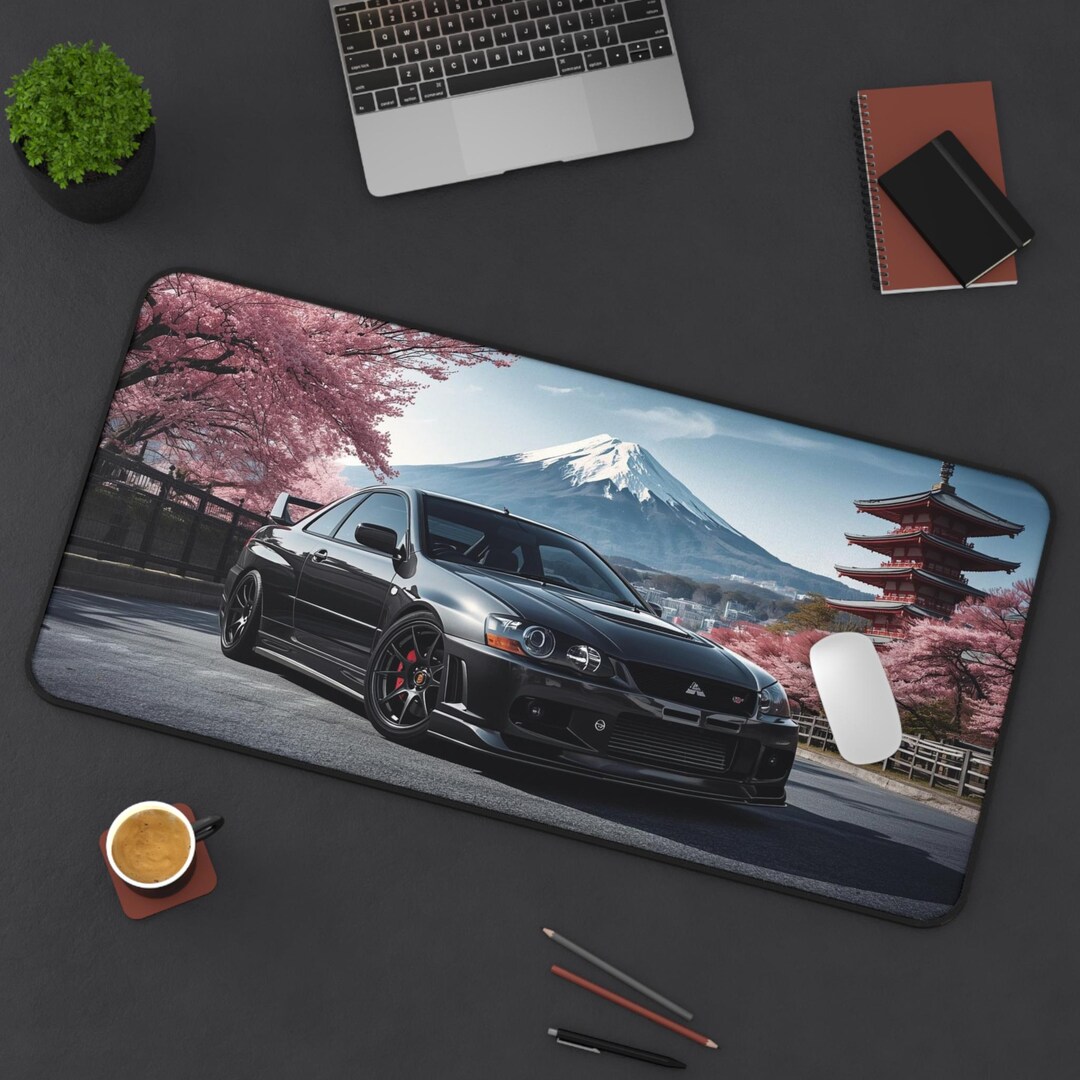 Black Mitsubishi Evo With Mount Fuji and Sakura Desk Mat | Racing Car ...