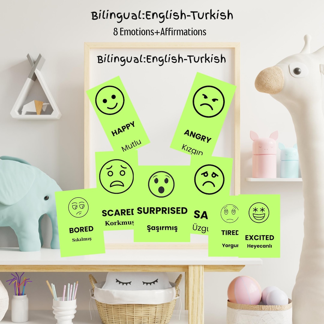 Bilingual Feelings Flashcards for Kids, Turkish English Emotion Cards ...