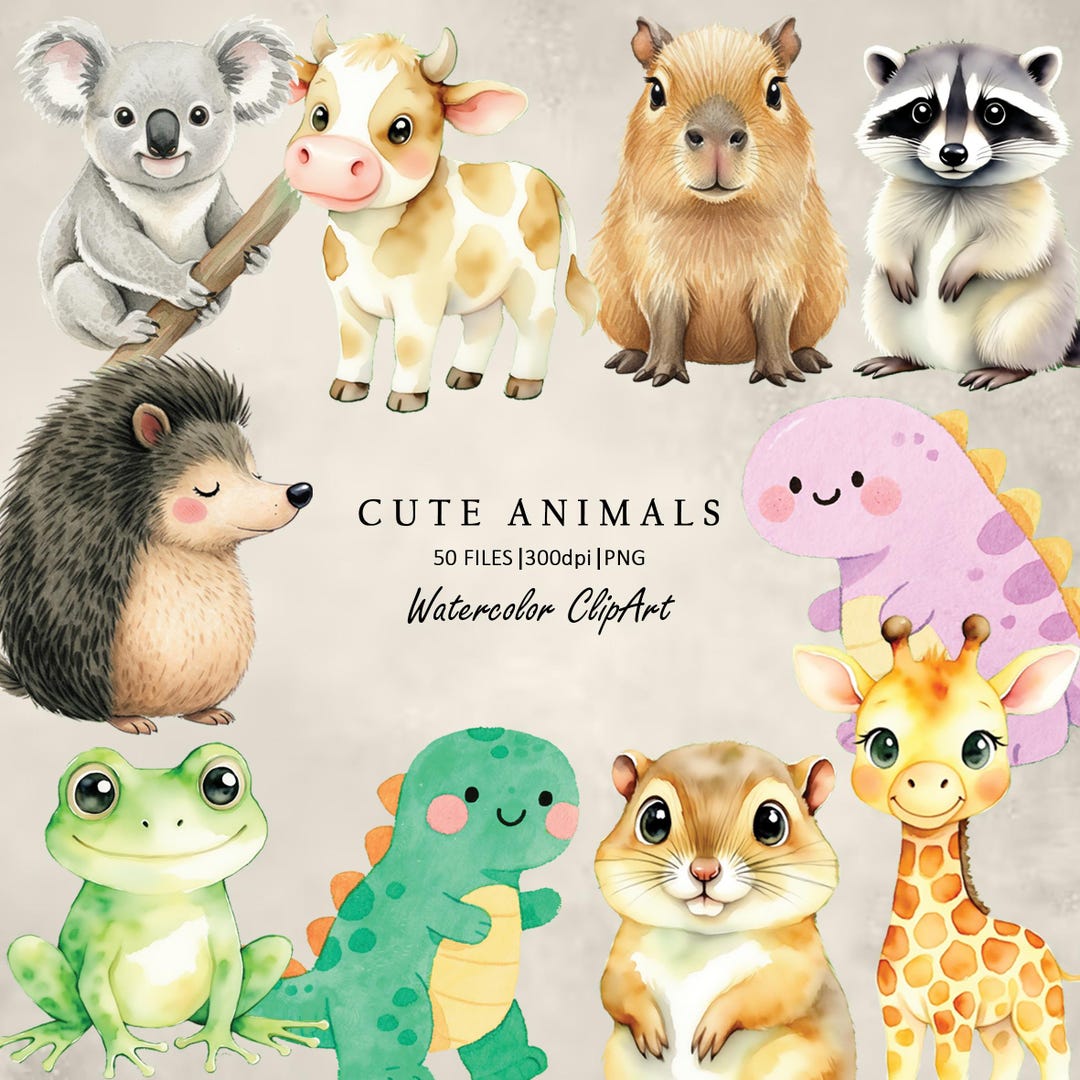 Watercolor Cute Animals Clipart | 50 Cute Animals PNG Watercolor ...