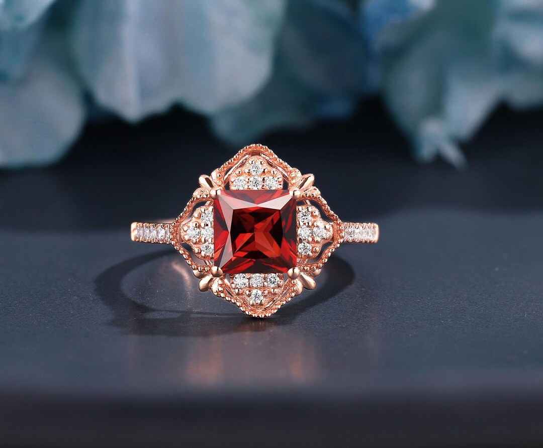 Vintage Princess Cut Garnet Engagement Ring | Rose Gold Wedding Ring ...