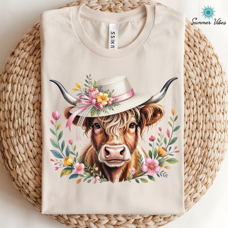 Highland Cow With Hat PNG Bundle, Cute Country Cow Clipart, Floral ...