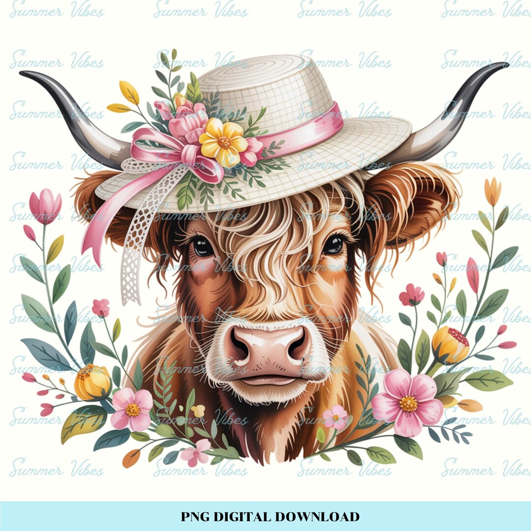 Highland Cow With Hat PNG Bundle, Cute Country Cow Clipart, Floral ...