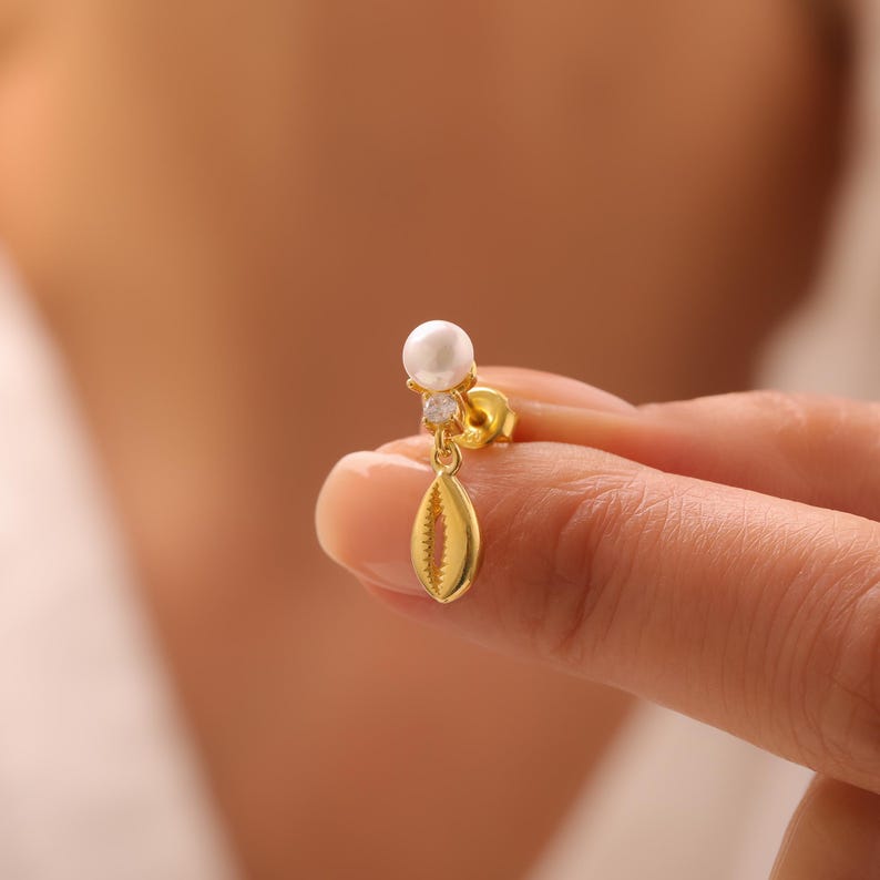 Sterling Silver Seashell Pearl Earrings, Coastal Jewelry - Etsy UK