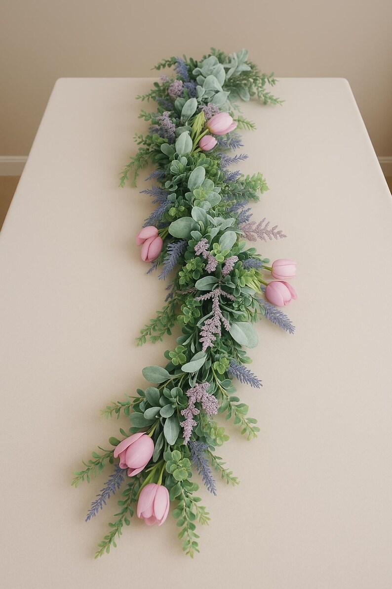 Spring Tulip and Lavender Garland | Faux Greenery With Pink Tulips and ...