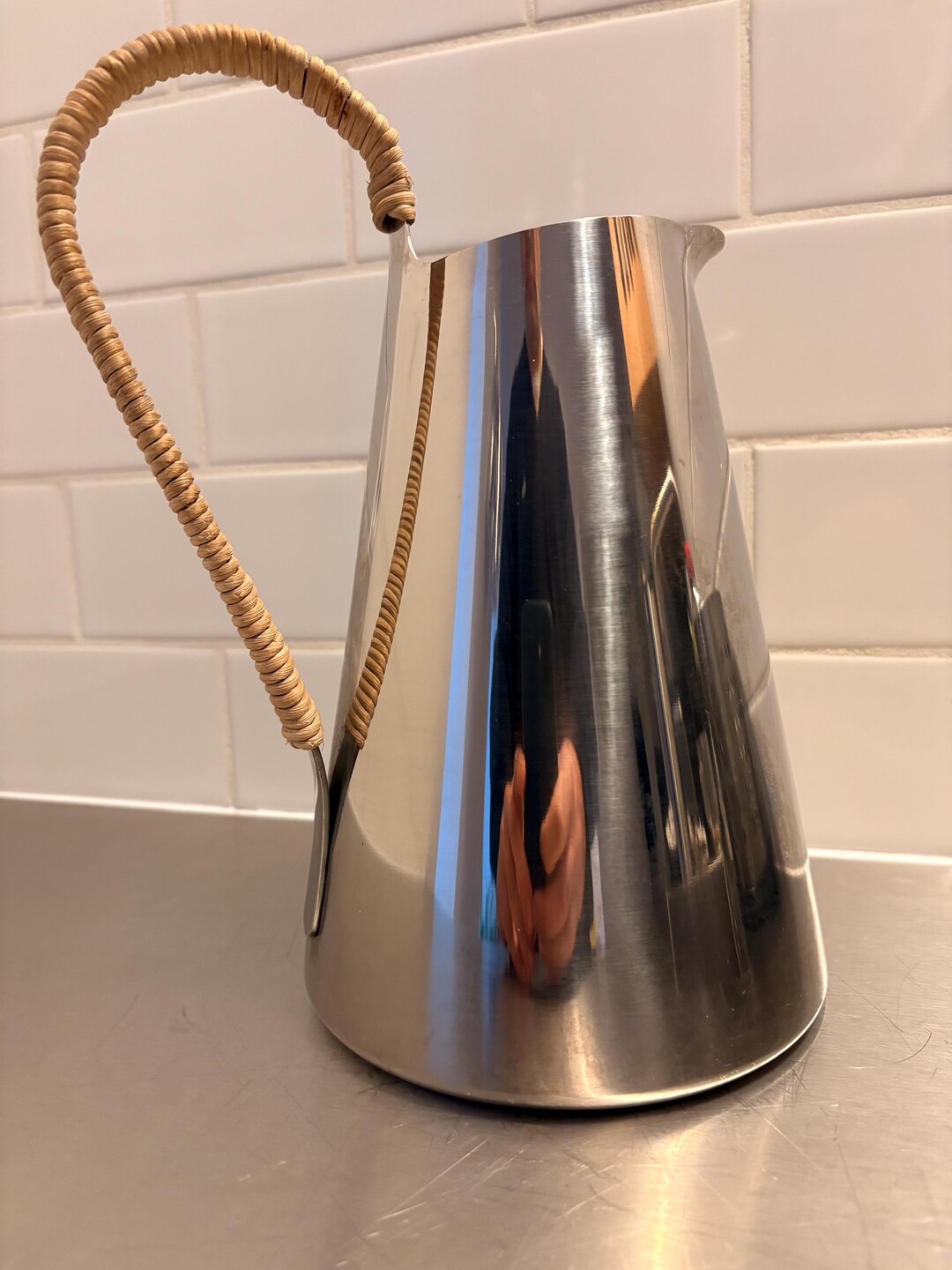 Vintage Stelton Danish Modern Stainless Steel Pitcher – Rattan Wrapped ...
