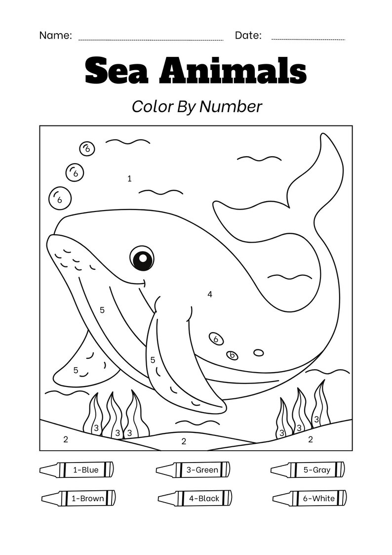 Sea Animals Color by Number | Ocean Theme Coloring Pages for Kids | 16 ...