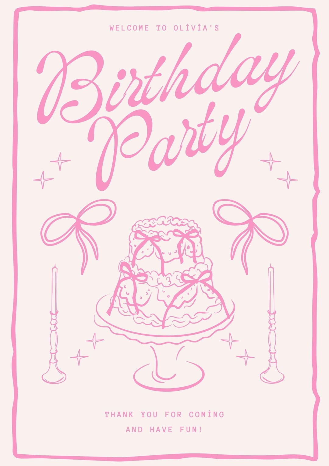 Digital Pink Ribbon Birthday Invitation, Girl Birthday Invite, Pink ...