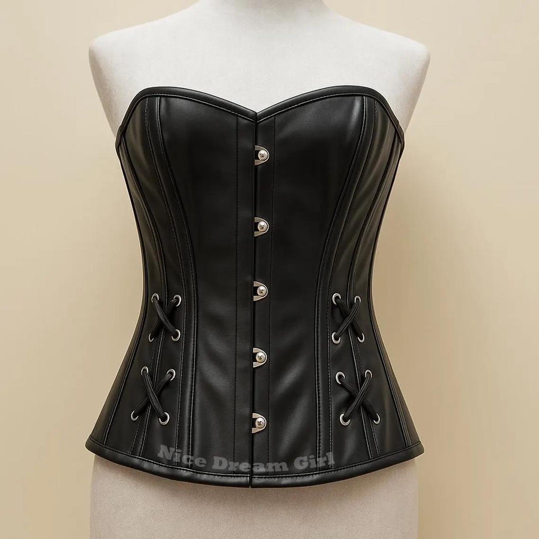 Sleek Black Faux Leather Corset | Lace-up Sides, Elegant Overbust - Etsy