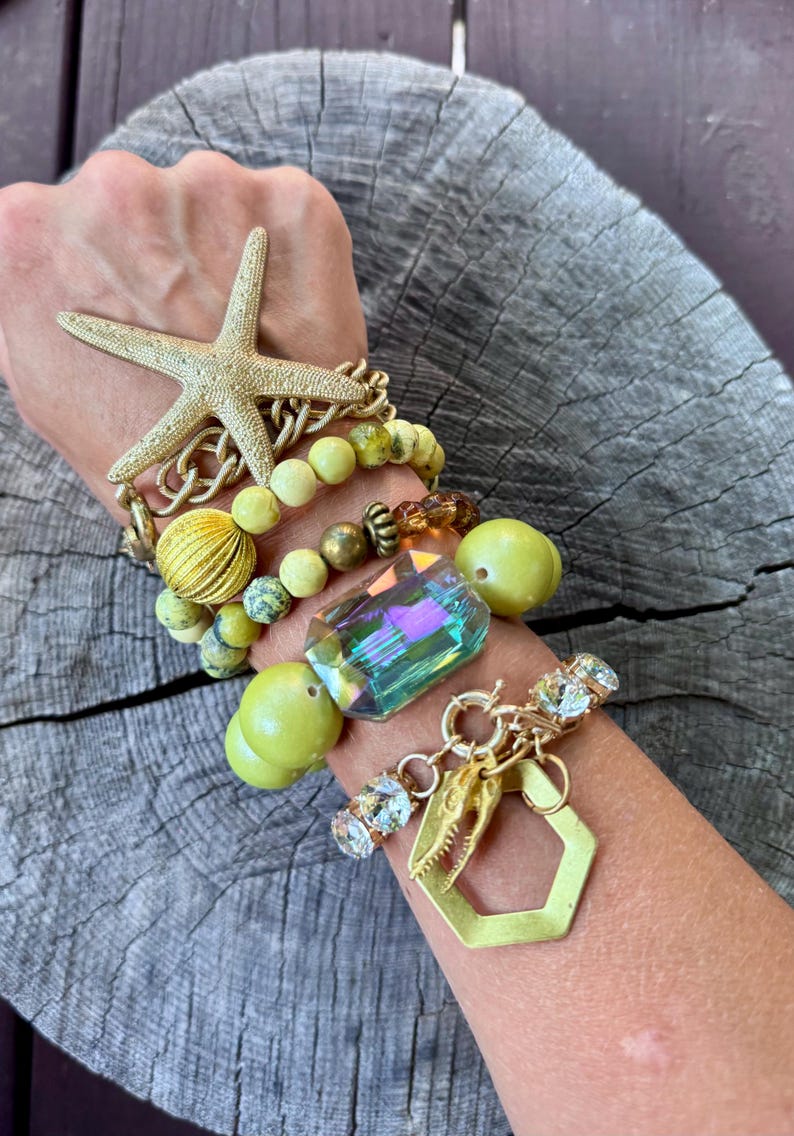 Boho Beach Bracelet Stack // Starfish Charm // Yellow Beads & Crystal Gold Accents // Ocean ...