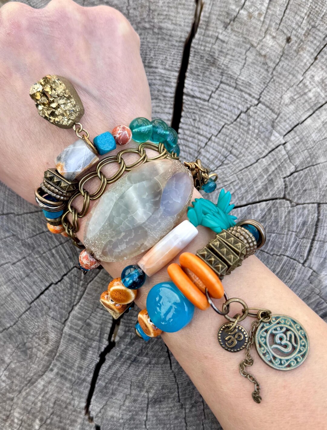Boho Chakra Bracelet Stack // Turquoise & Orange With Om Charm and ...