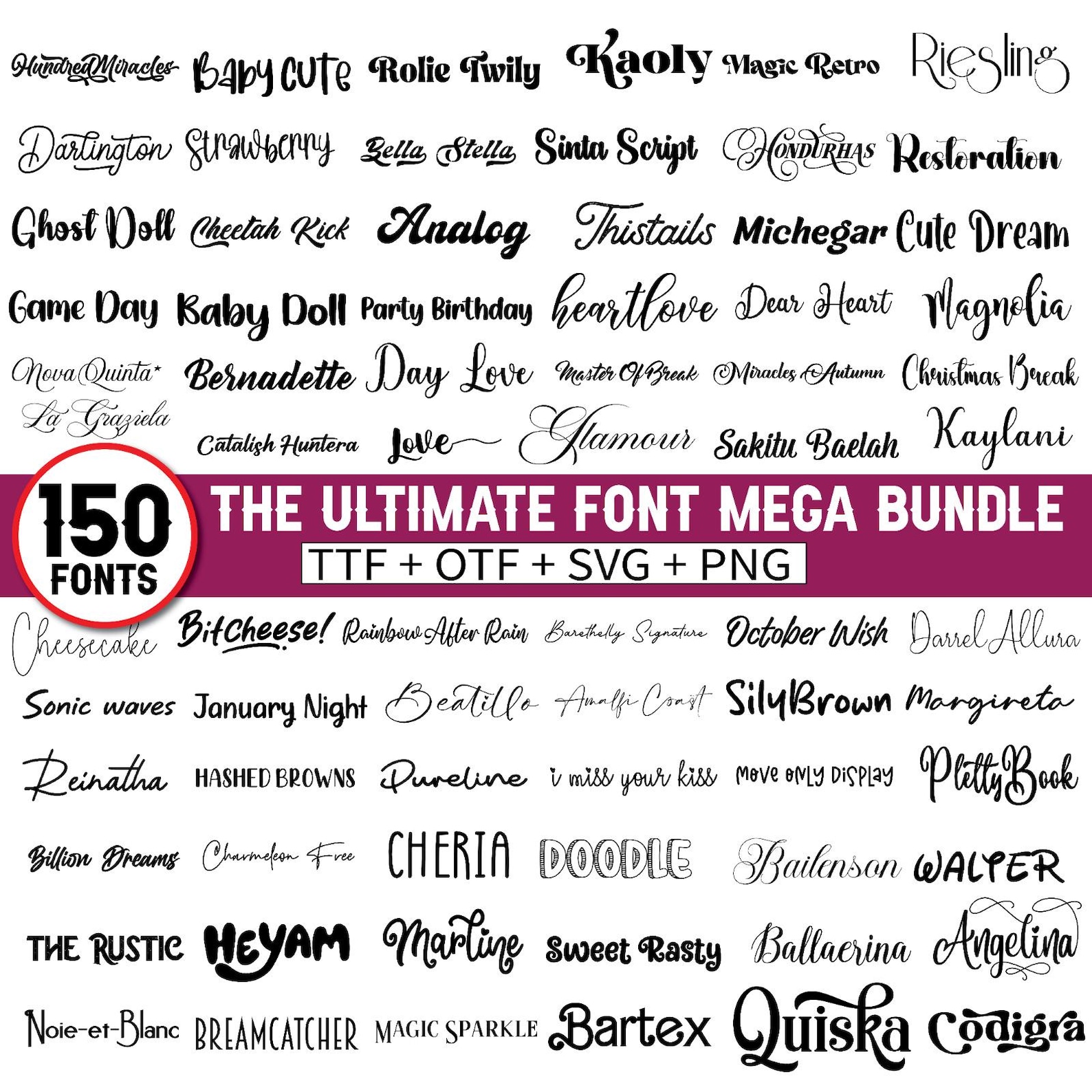 Ultimate Font Bundle :150 TTF & SVG Fonts for Cricut, Canva, Procreate ...