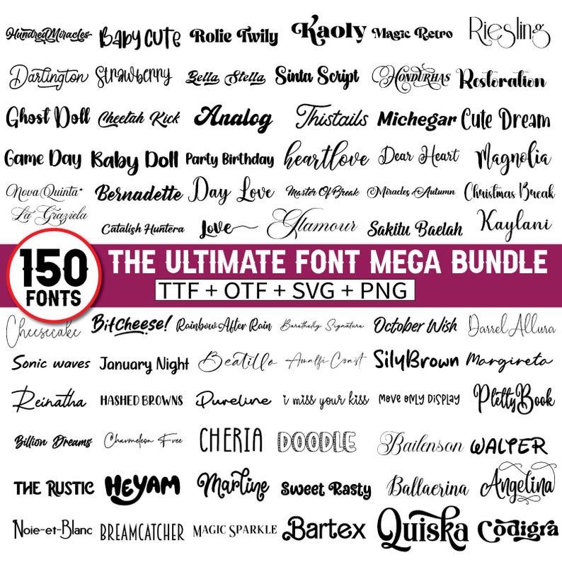 Ultimate Font Bundle :150 TTF & SVG Fonts for Cricut, Canva, Procreate Crafting - Digital ...