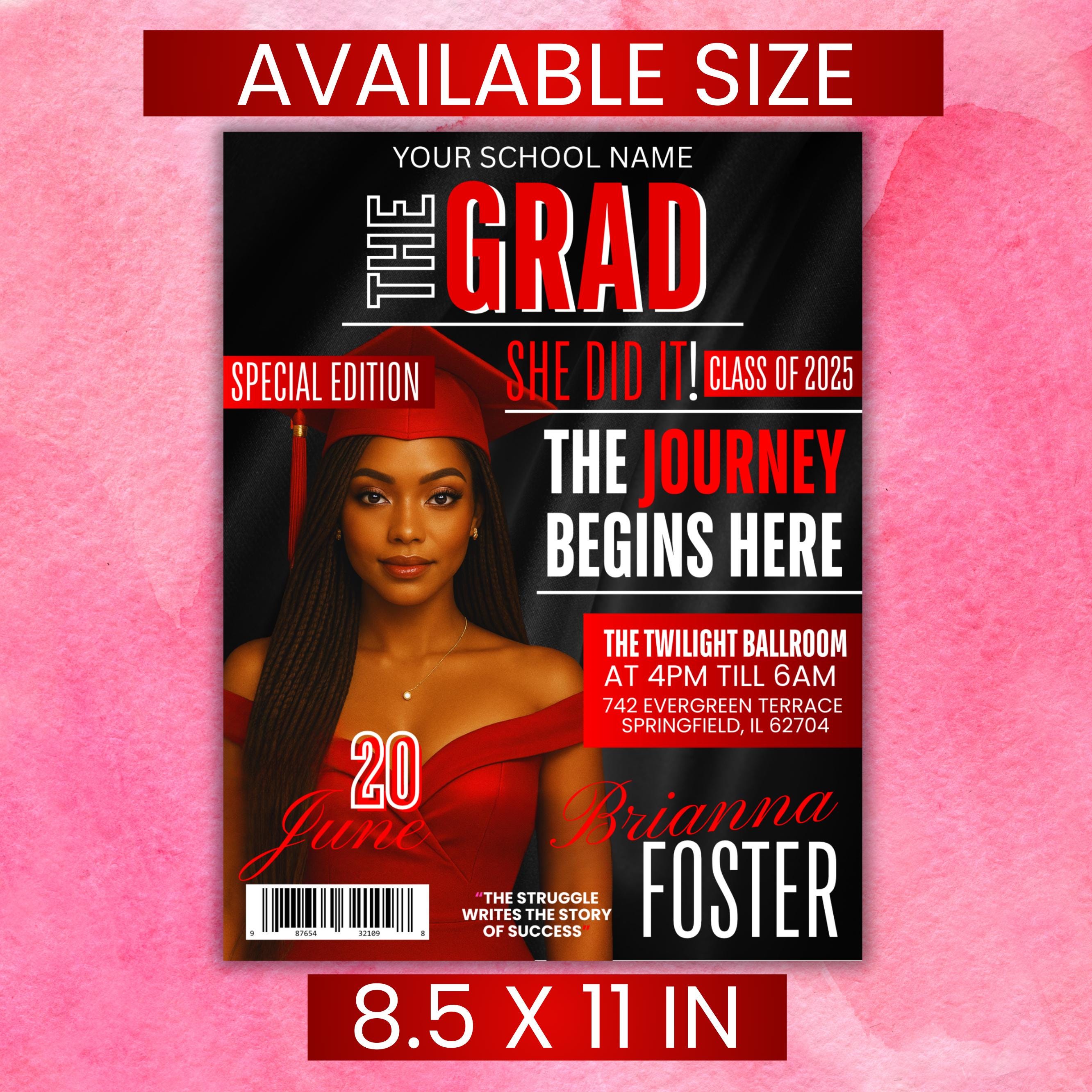 Graduation Invite Magazine Style, Red DIY Editable Flyer Template ...