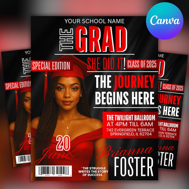 Graduation Invite Magazine Style, Red DIY Editable Flyer Template ...