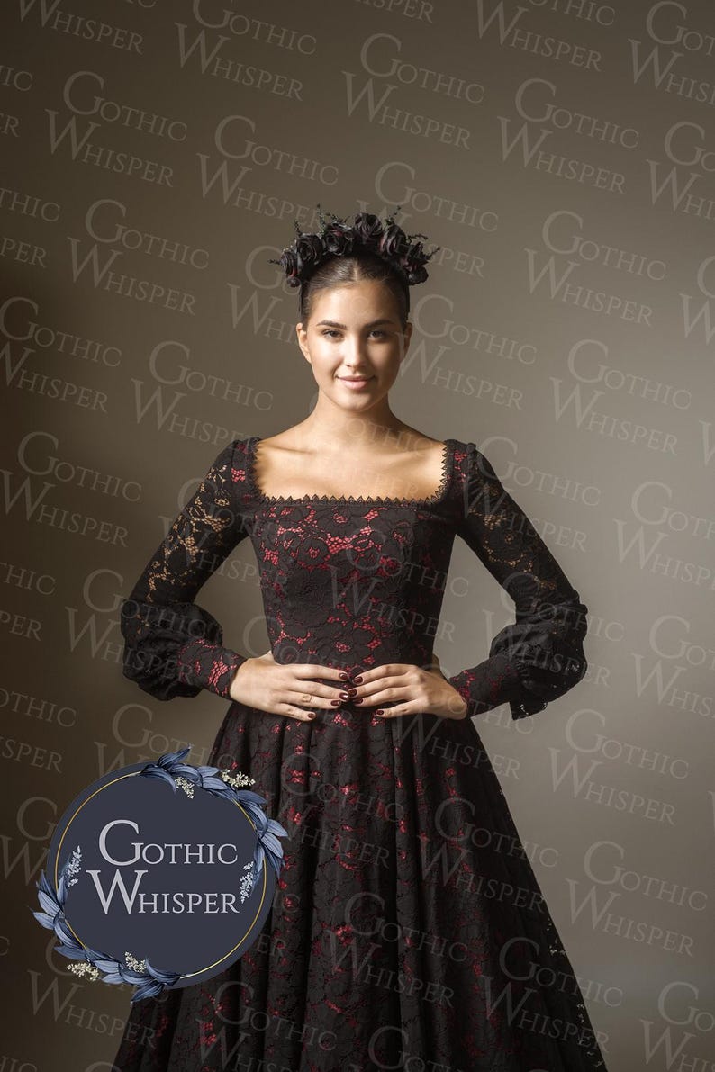 Black and Red Lace Gothic Wedding Dress | Long Sleeve Bridal Gown - Etsy