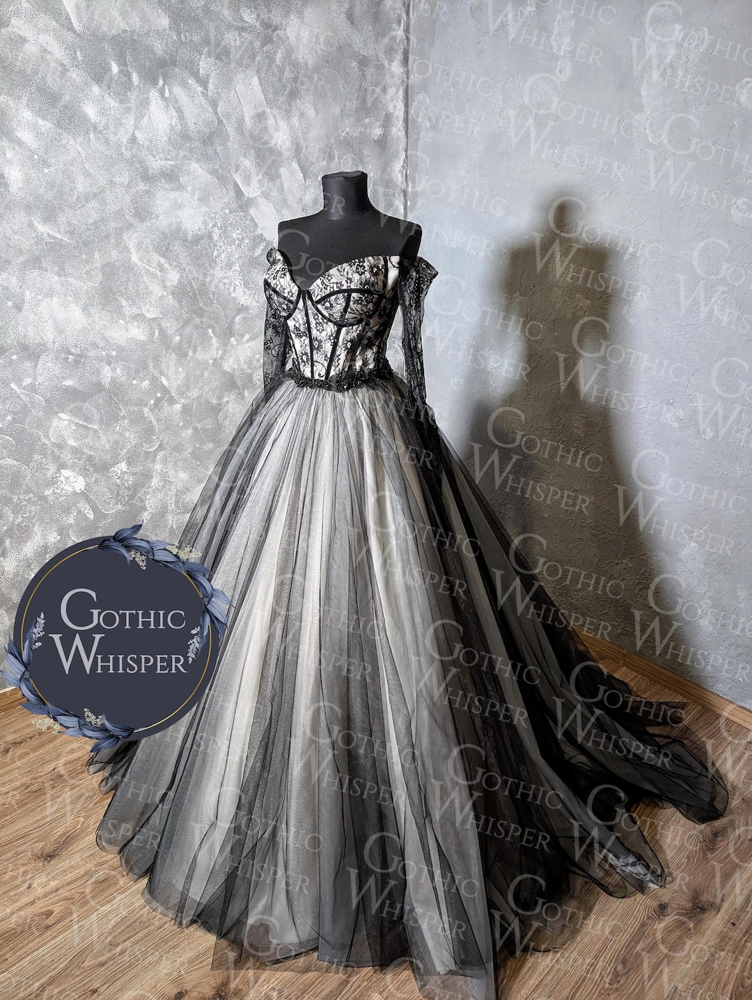 Black and White Gothic Wedding Dress • Lace Corset Bridal Gown • Alternative Tulle Ball Gown for ...