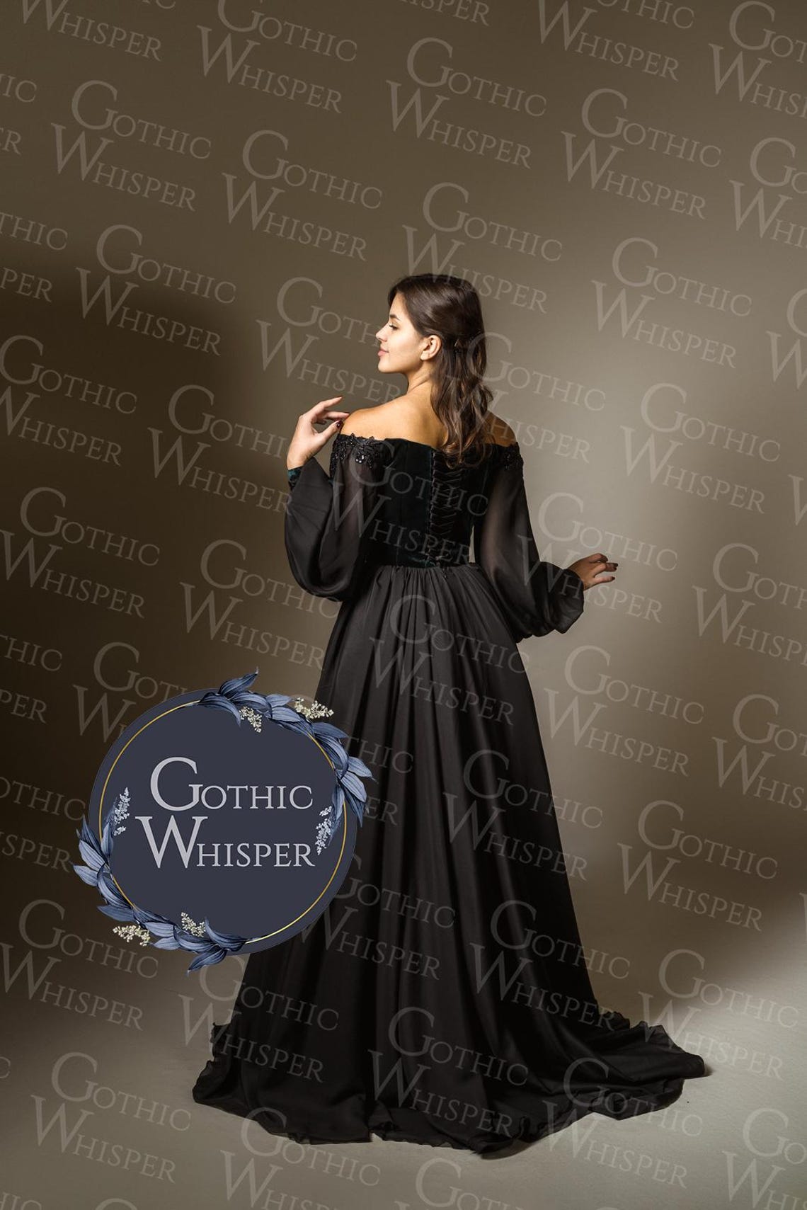 Black Gothic Wedding Dress With Long Sleeves, Dark Green Velvet Corset ...