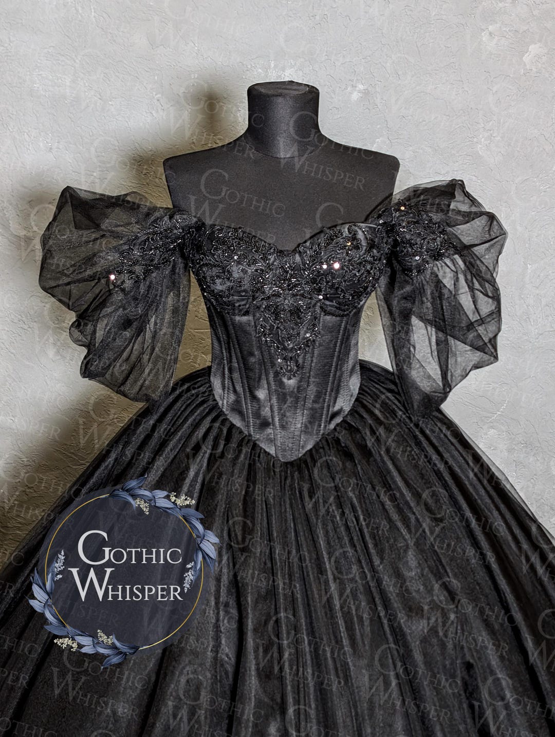 Elegant Black Tulle Ball Gown Wedding Dress • Gothic off Shoulder ...