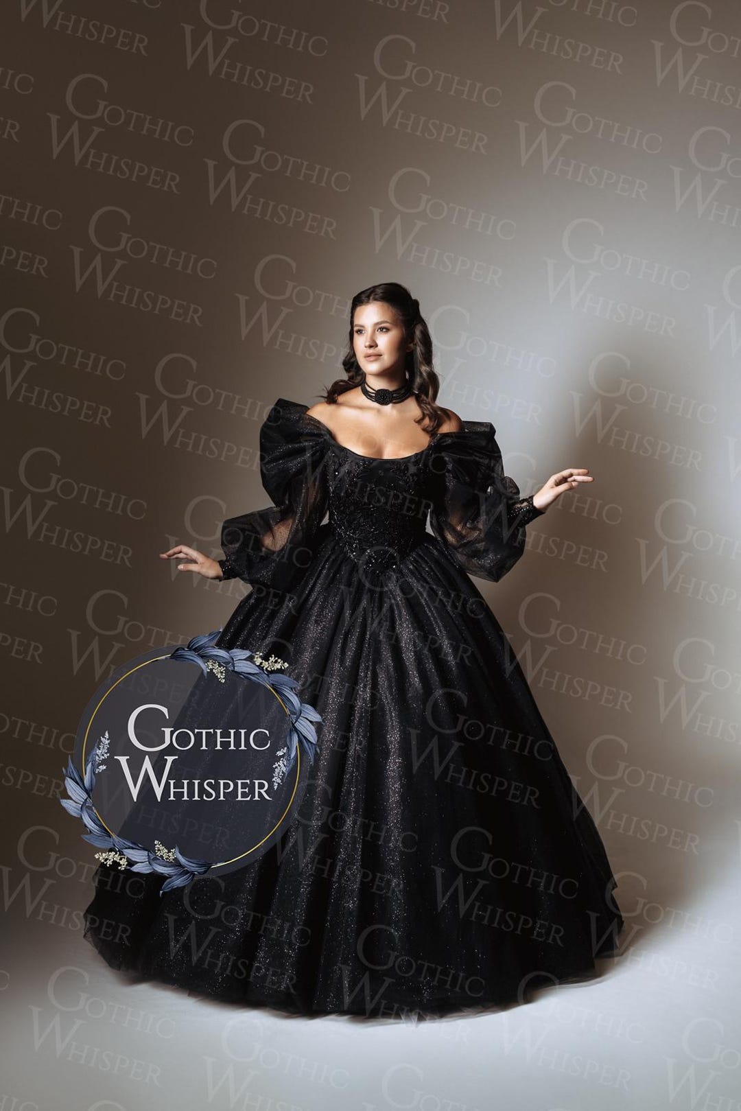 Black Gothic Wedding Dress: Sparkly Tulle Ball Gown With Puffy Sleeves ...