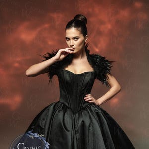 Gothic Black Ball Gown Dress With Feathers | Dark Queen Corset Evening ...