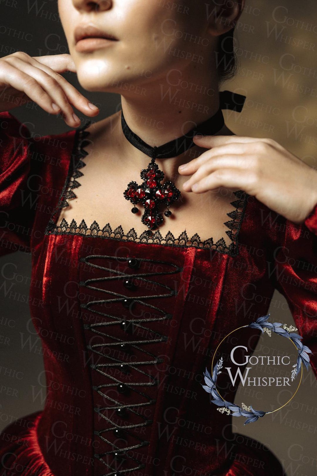 Gothic Cross Choker Necklace | Red Crystal Velvet Choker | Victorian ...