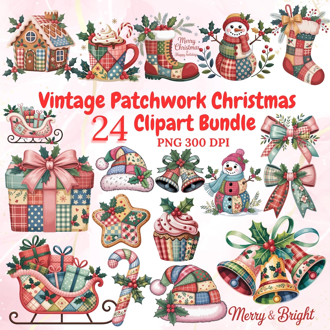 Vintage Patchwork Christmas Clipart | Cozy Holiday PNG Bundle | Quilted ...