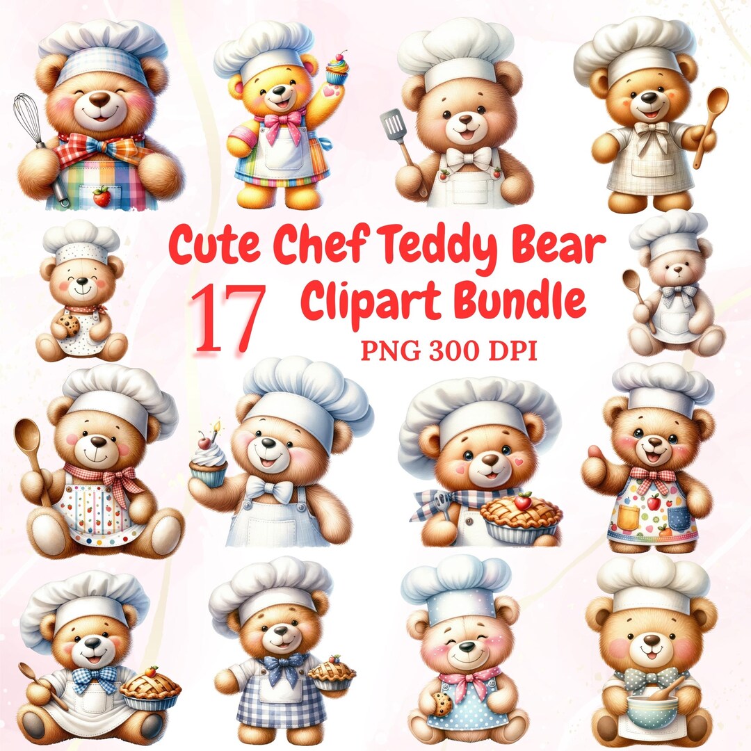 Chef Teddy Bear Clipart Bundle: Kawaii Cooking Art, Planner Stickers ...