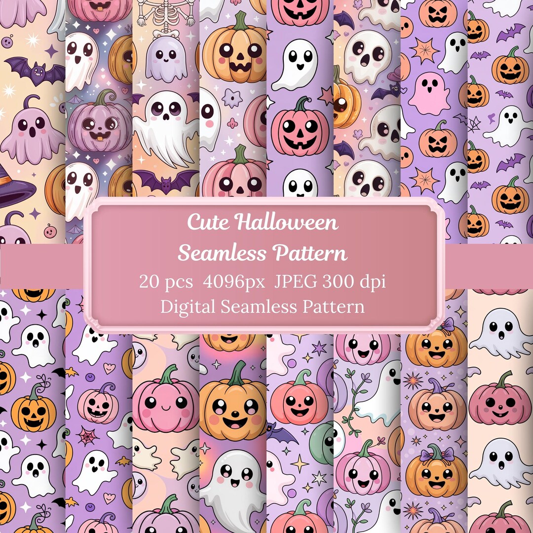 Kawaii Halloween Seamless Patterns: Pastel Ghost & Pumpkin Digital ...
