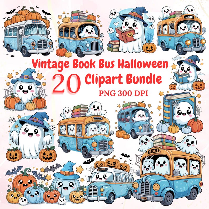 Vintage Halloween Ghost School Bus Clipart: PNG Bundle for Kids Crafts ...