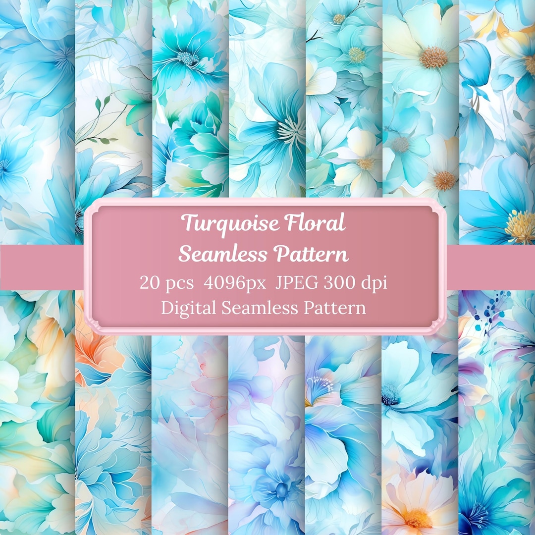 Turquoise Floral Seamless Pattern – Blue Watercolor Flower Digital ...