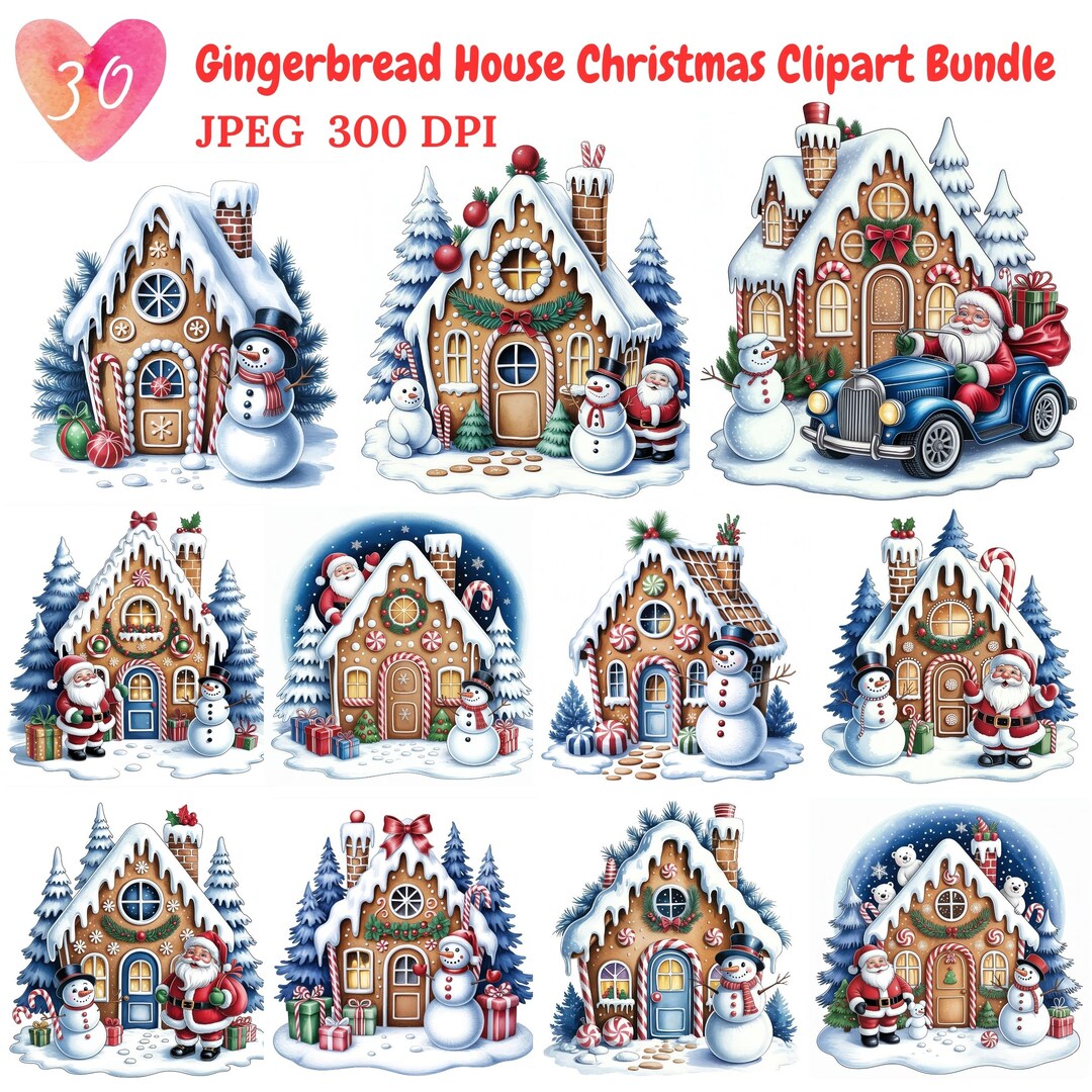 Gingerbread House Christmas Clipart | Cute Santa & Snowman JPEG Set ...