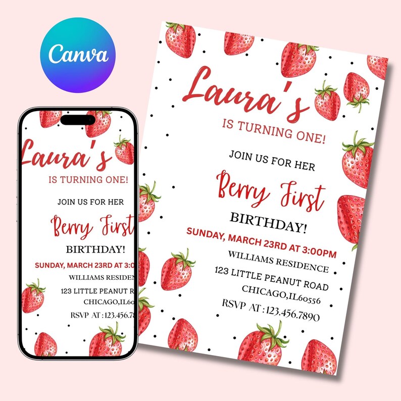 Editable Berry First Strawberry Birthday Invitation, Berry Sweet ...