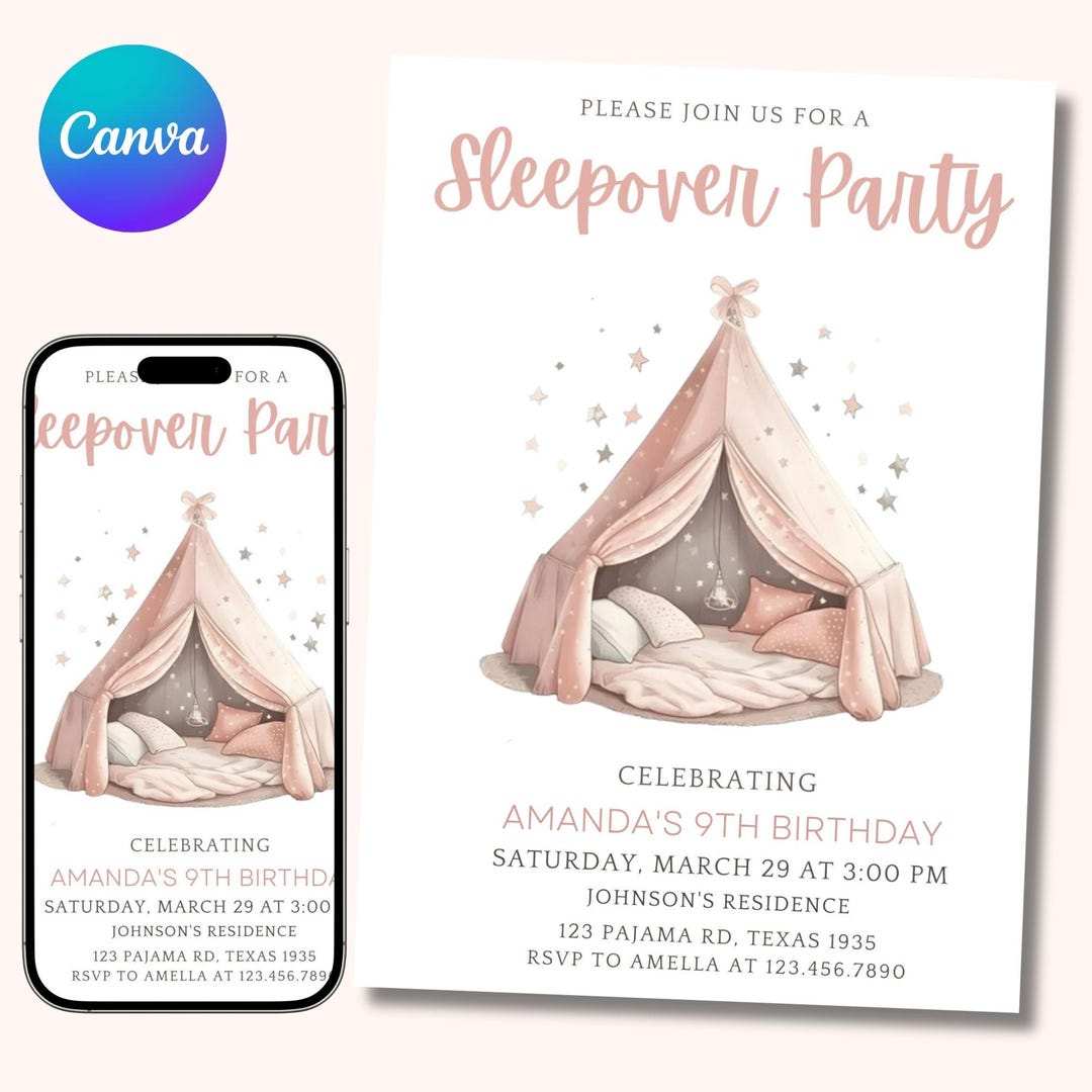 Sleepover Birthday Minimalist Invitation, Set Slumber Party Invite ...