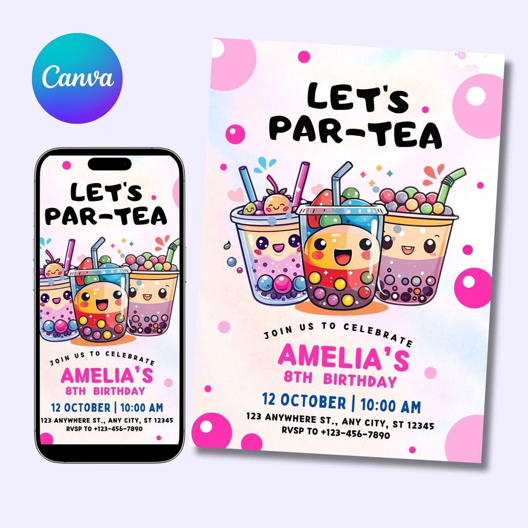Boba Tea Birthday Party Invitation, Girls Boba Birthday Invite, Milk ...