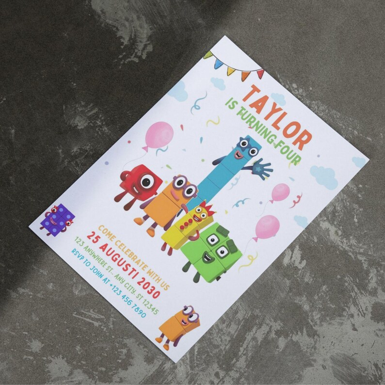Editable Number Blocks, Digital Kid Party Invite, Number Inspired ...