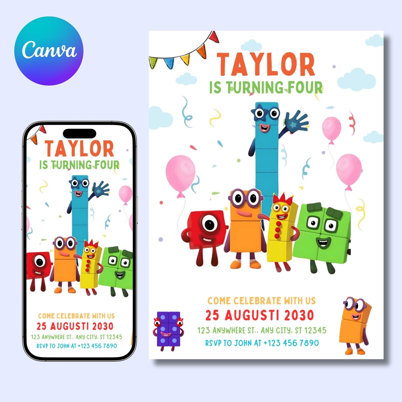 Editable Number Blocks, Digital Kid Party Invite, Number Inspired ...