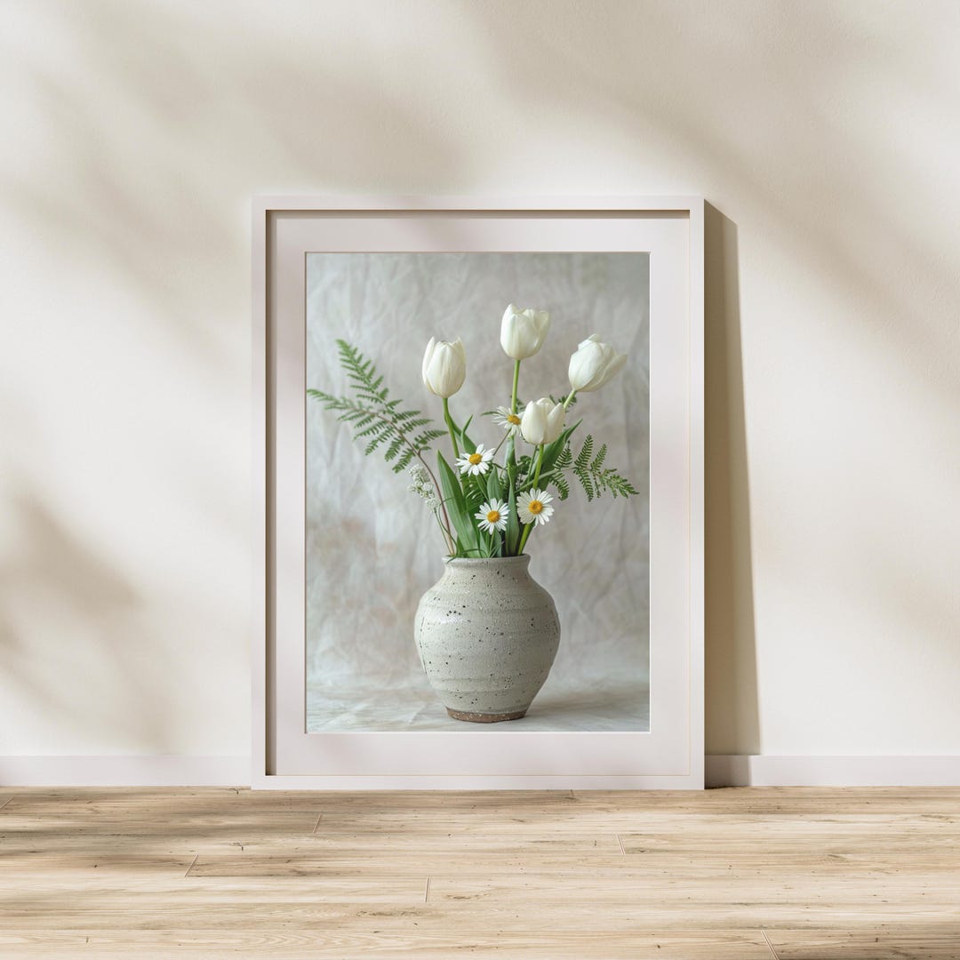 Minimalist White Tulip and Daisy Wall Art – Neutral Floral Printable ...