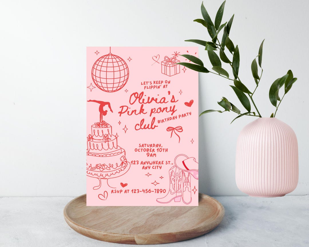 Gymnastics Pink Pony Club Birthday Party Invitation, Girls Birthday ...