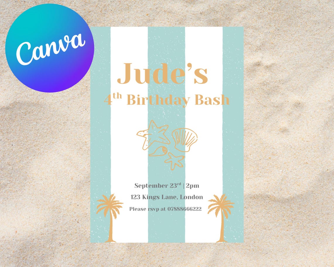 Beach Themed Birthday Party Invite | Editable Canva Template | Coastal ...