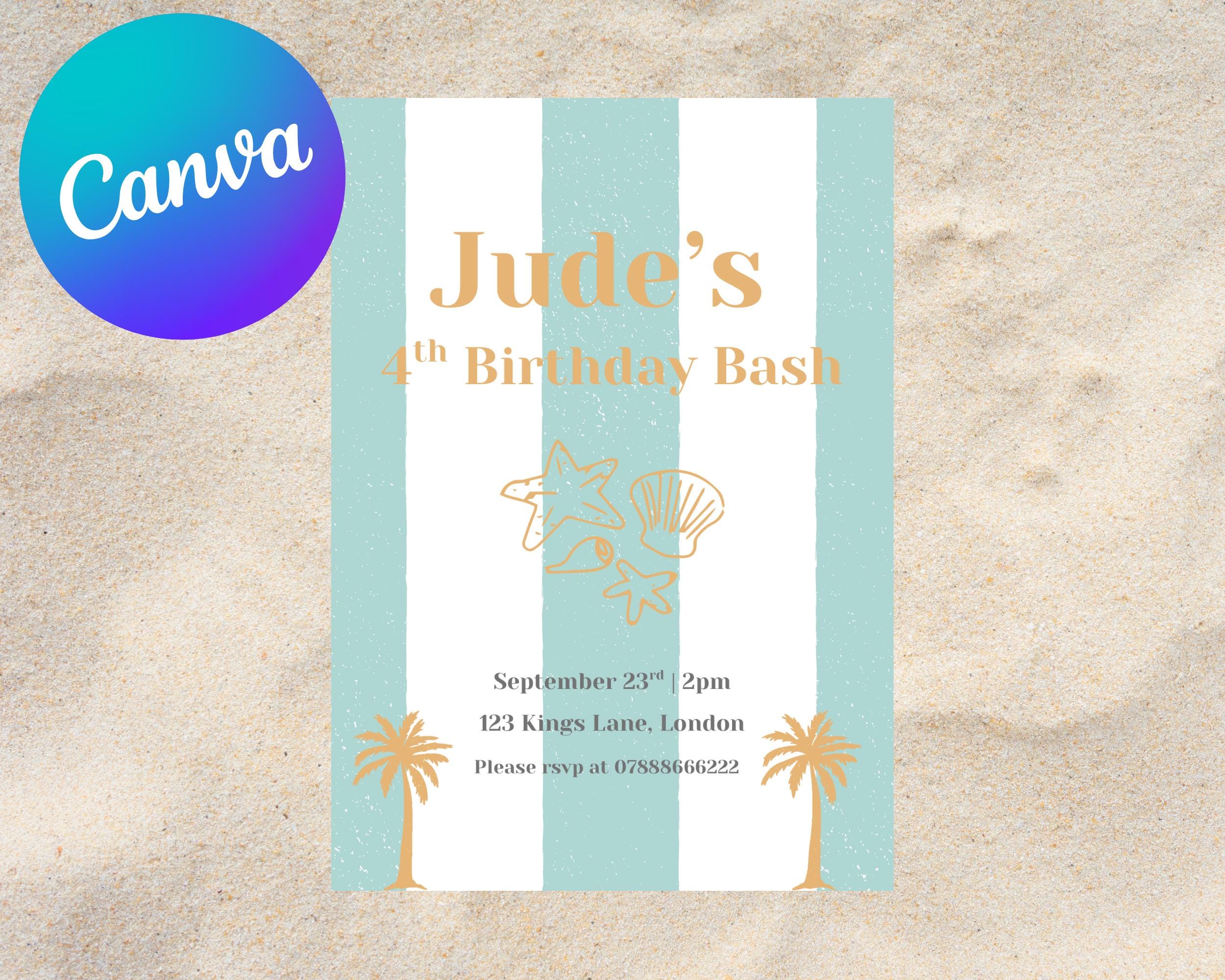 Beach Themed Birthday Party Invite | Editable Canva Template | Coastal ...