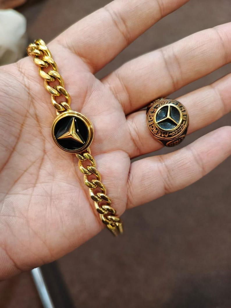 Stainless Steel Chain Mercedes Logo Roller Bracelet and Ring in Gold ...