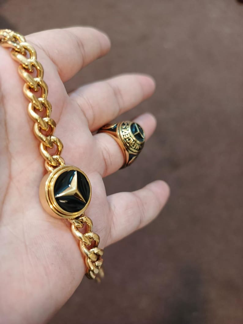 Stainless Steel Chain Mercedes Logo Roller Bracelet and Ring in Gold ...