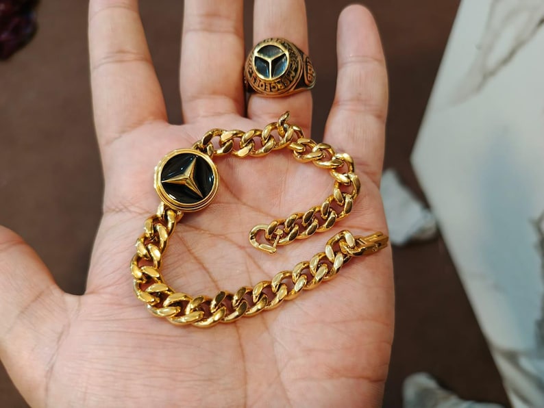 Stainless Steel Chain Mercedes Logo Roller Bracelet and Ring in Gold ...