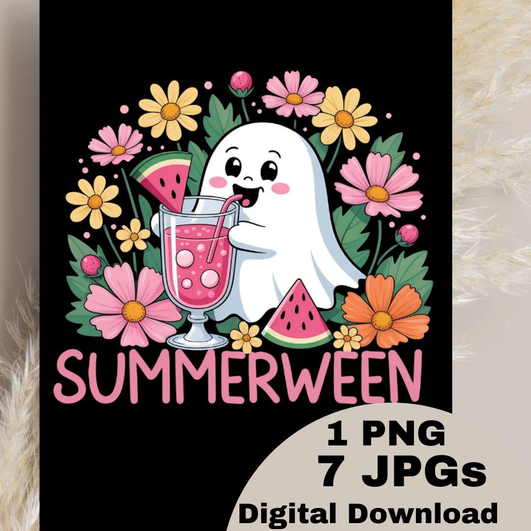 Summerween Ghost Floral Art, Cute Kawaii Watermelon Ghost, Halloween ...