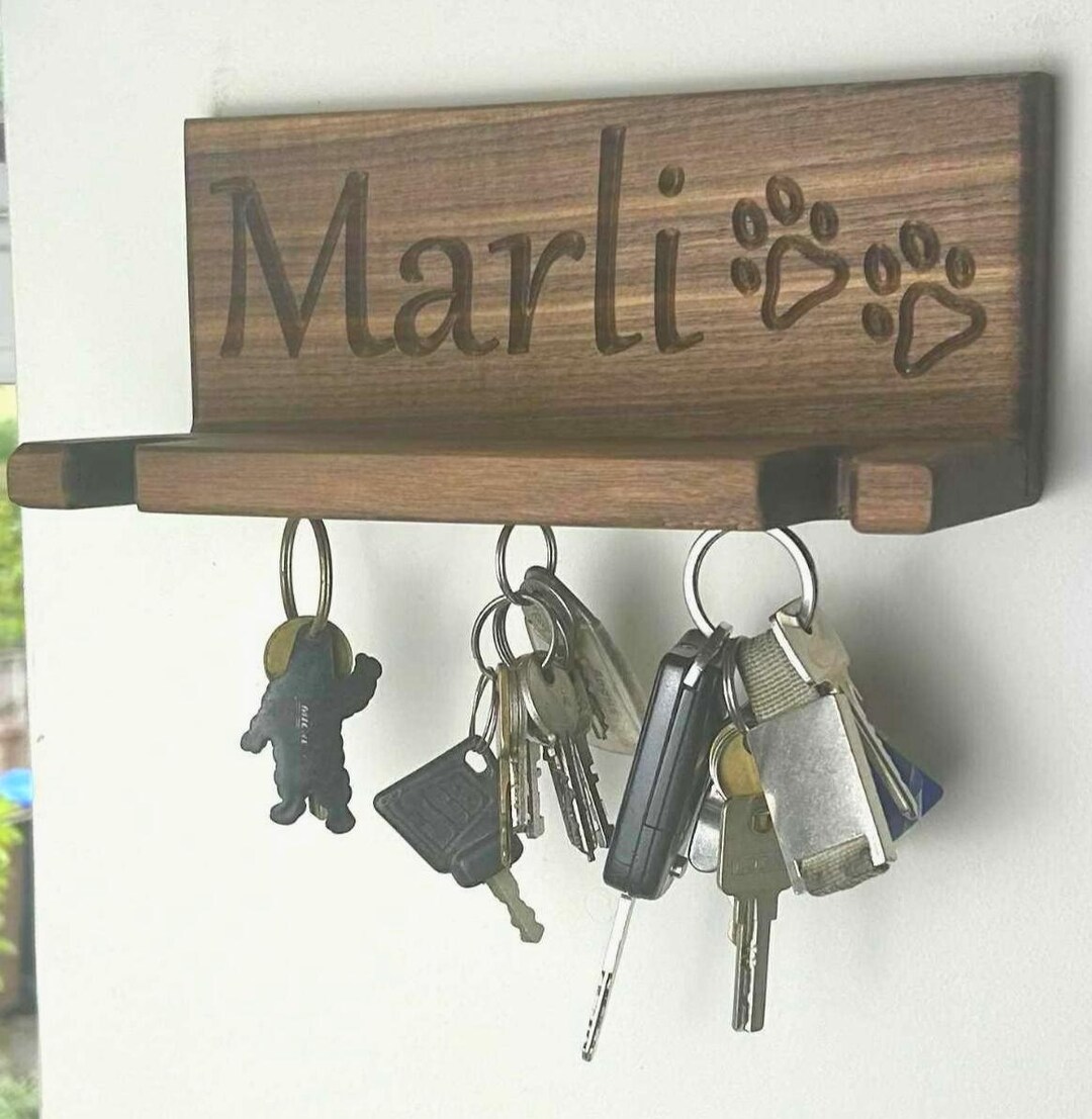 Dog Lead and Key Holder Shelf, Custom Engraved, Walnut, Magnetic, Key ...