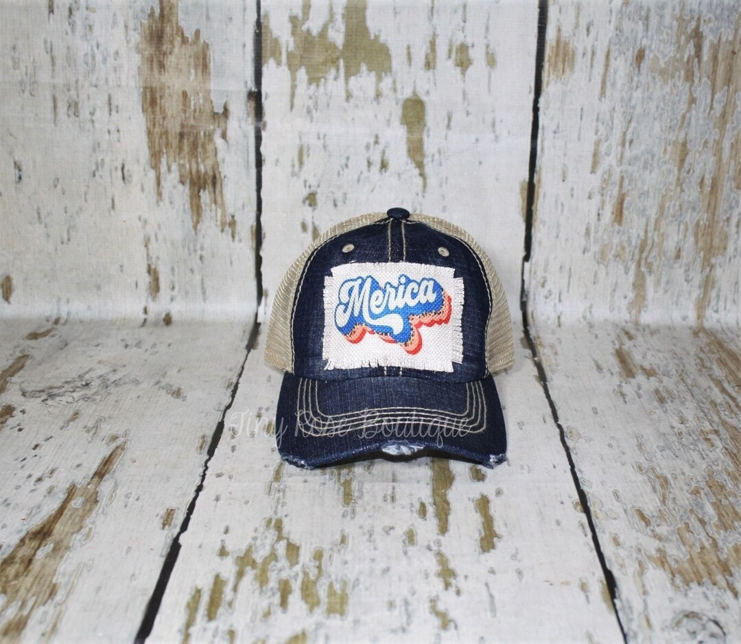 Merica Patch Hat, Distressed Denim Trucker Hat - Etsy
