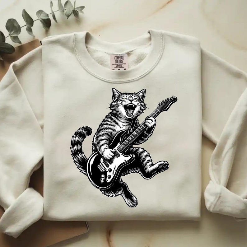 Funny Cat Guitar, Rock and Roll Design, Cat Music Illustration, Guitar ...