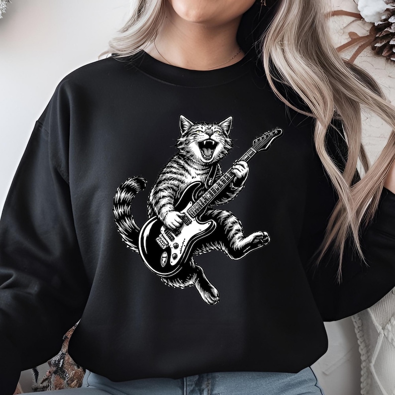 Funny Cat Guitar, Rock and Roll Design, Cat Music Illustration, Guitar ...